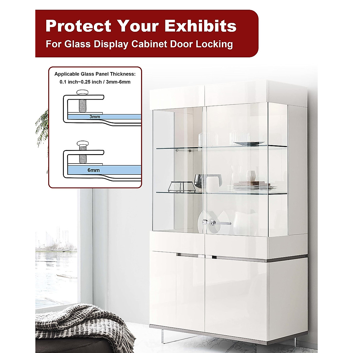 Naissian Sliding Glass Door Ratchet Lock, Lock for Sliding Glass Cabinet Door Locks with Keys Showcase Display Vivarium Reptile Cage Locks, Chrome Finish with 6 Key Aliked, Pack of 2