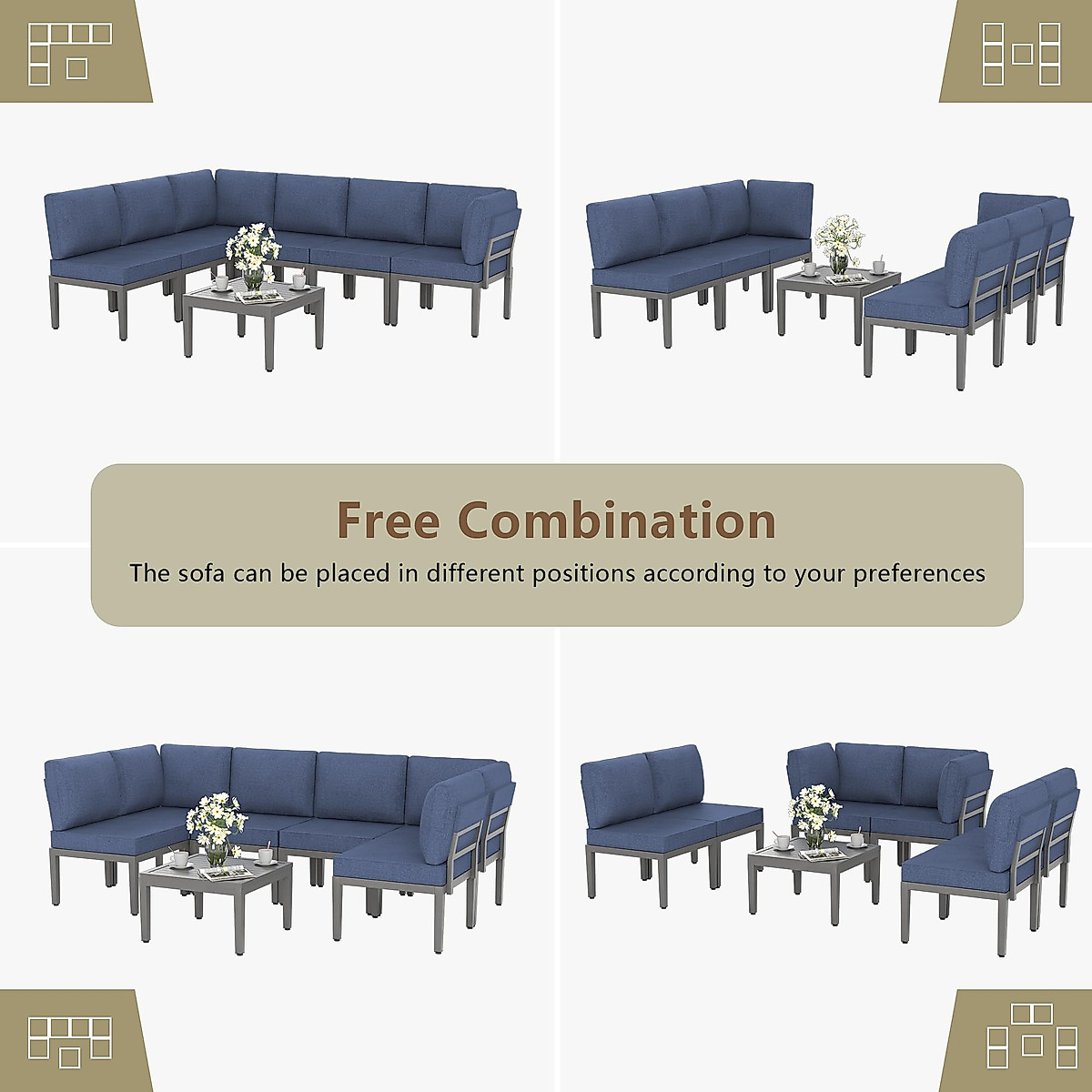 Kullavik Patio Furniture Set,7 Pieces Metal Modern Outdoor Furniture,Outdoor Sectional Sofa w/5.1" Cushions and Coffee Table for Patio,Backyard，Navy Blue
