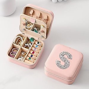 Parima Travel Jewelry Organizer for Women - Personalized Small Letter Jewelry Boxes Travel Essentials Gifts for Women Mom Friends Birthday Her Bridesmaids Teenage Gifts Idea - Letter S, Pink