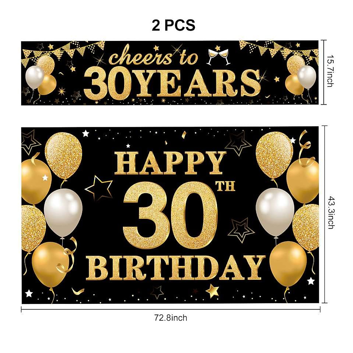 2Pcs 30th Birthday Banner Backdrop Decorations for Men Women, Black Gold Happy 30th Birthday Cheers to 30 Years Yard Banner Sign Party Supplies, Thirty Year Old Birthday Decor for Indoor Outdoor