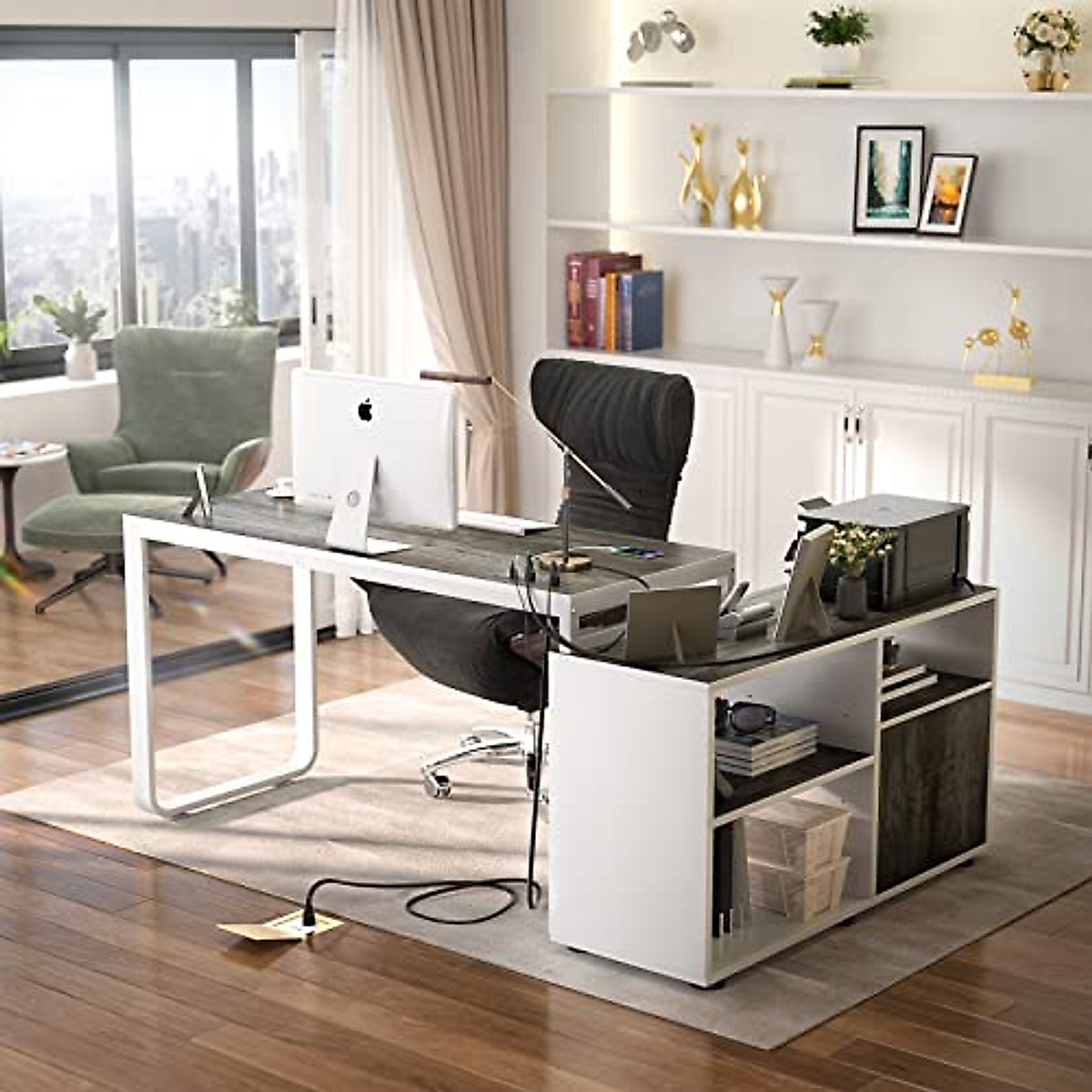 Homieasy L Shaped Desk with File Cabinet & Power Outlet, 55 Inch Large Corner Computer Desks with LED Strip, L-Shaped Computer Desk with Drawers and Storage Shelves for Home Office, Grey & White