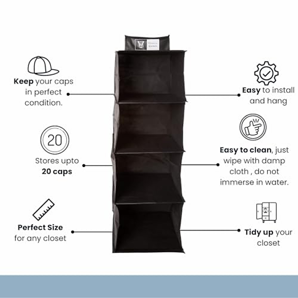 Homie Gear Wall Hanging Organizer, 4 Storage Case Racks - Closets Organization Storage System for Caps, Wallet, Shoes, Towel, Goggles, Scarves, Belt & More for Closets Items - (Black)