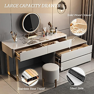 Onaninso Makeup Vanity Table with Lighted Mirror, Vanity Desk with Slate Tabletop and Solid Wood Frame, 4 Drawers, Stool, Side Cabinet, Vanity Set for Bedroom (47.2in)
