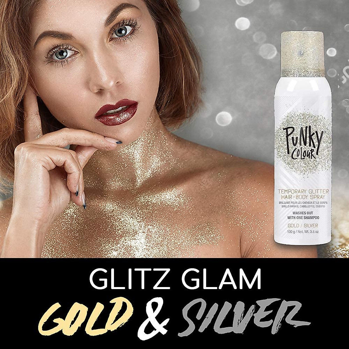 Punky Temporary Hair and Body Glitter Spray, Gold/Silver -Lightweight Shimmery Hairspray for Hair, Skin, and Clothes, Sparkly Glow for Parties & Events, 3.5 oz