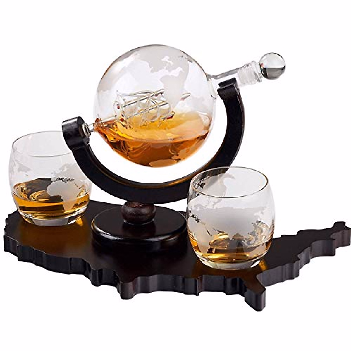 Whiskey Decanter Gift Set - World Etched Globe Decanter Airtight Stopper Antique Ship Liquor Dispenser Perfect Bar Gift Bourbon Scotch Vodka Liquor USA Map Tray 850 ml - Christmas holiday gifts