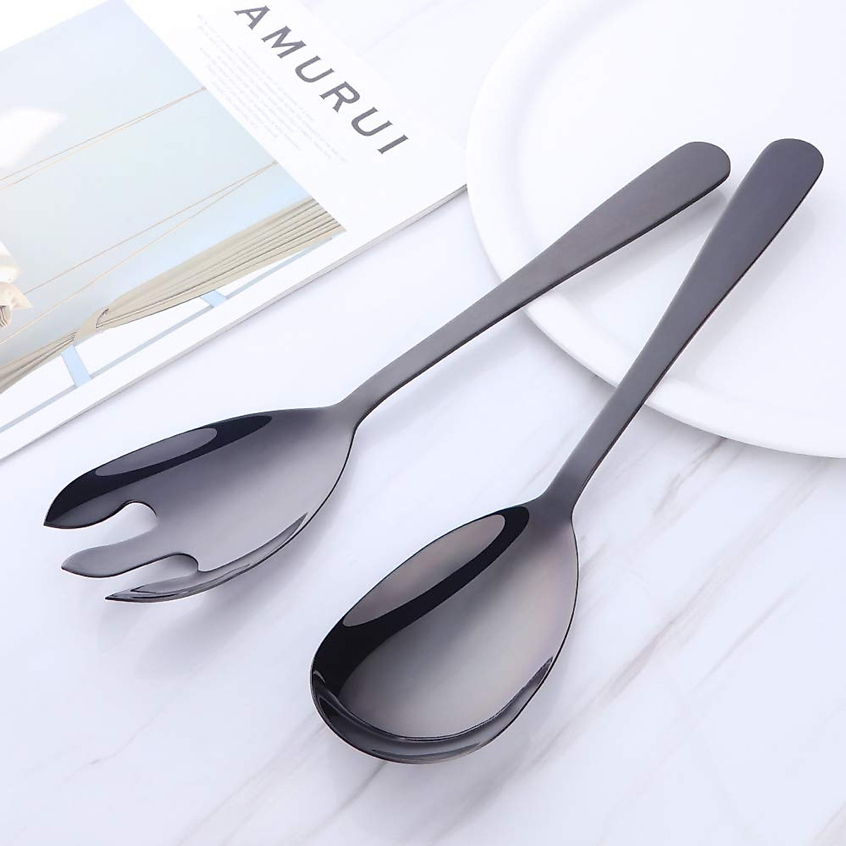 Mingcheng 12 Inches Stainless Steel Salad Server Sets with Salad Spoon and Fork, Cooking Utensils for Kitchen, Simple and Classic Dishwasher Safe(Black)