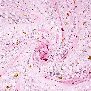 Gold Glitter Sequin Tulle Fabric Star Moon Tutu Skirt Dress Sewing, 63" x 11 Yard Birthday Ribbon Wedding Veil Backdrop Decoration Gauze