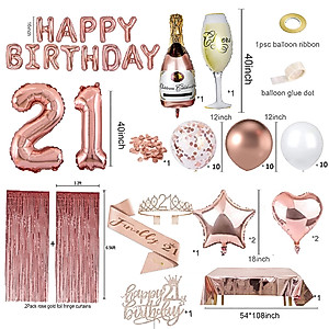 21st Birthday Decorations for Her - Rose Gold 21 Birthday Party Decor, Happy Birthday Banner, Table Cloth, Cake Topper, Bday Sash and Tiara Crown, Balloons Set for Twenty One Years Old Party Supplies