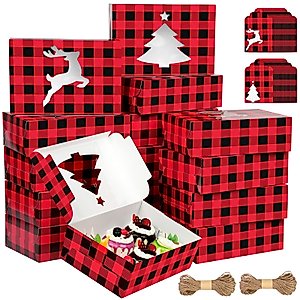 Ruisita 30 Pack Christmas Cupcake Boxes Plaid Red Black Paper Cupcake Carriers Bakery Box with Inserts and Window Cake Carrier Container Cookie Gift Boxes 6 Holders for Dessert, Pastries, Cake, Muffin