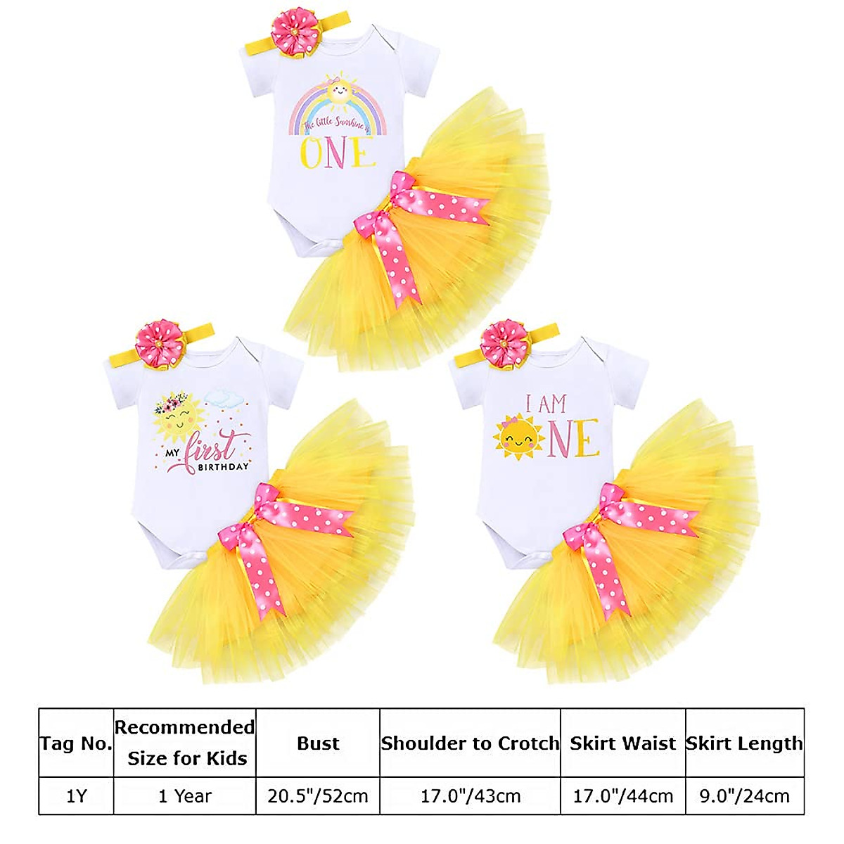 You Are My Sunshine Baby Girl 1st First Birthday Cake Smash Outfit Rainbow One Year Old Party Clothes Cotton Short Sleeve Romper Yellow Princess Tutu Tulle Skirt Flower Headband 3pcs Set Yellow