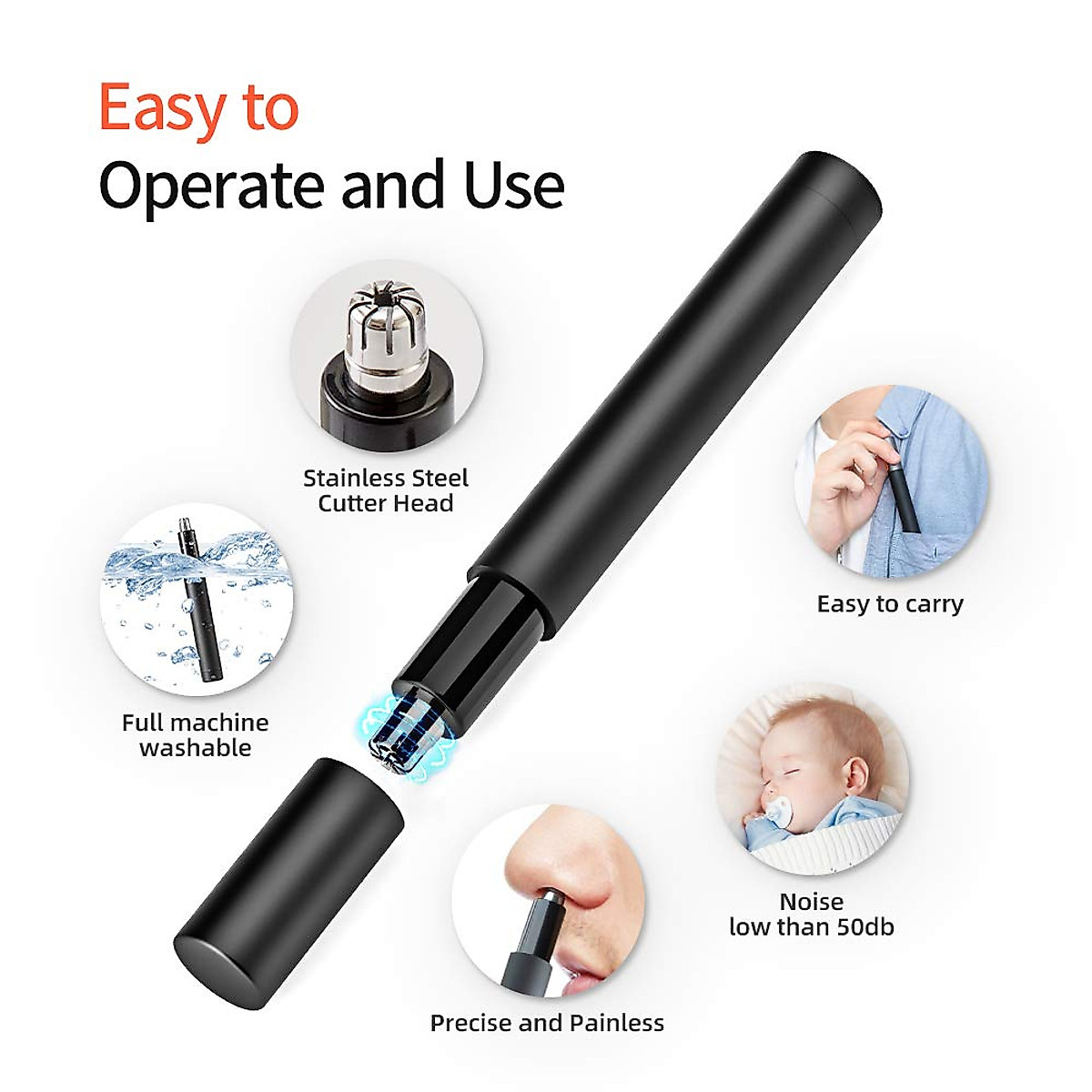 ZHIBAI Ear and Nose Hair Trimmer, Painless Nose Hair Clippers Trimmer for Men and Women, Portable Nose Hair Remover with Dual Edge Blades, Battery-Operated, IPX7 Waterproof