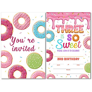 Cute Donut Three is Sweet 3rd Birthday Party Invitations with Envelopes Set of 20 Dessert Sweets Donut 3 Years Old Birthday Party Invites