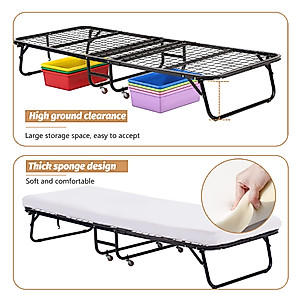 Folding Guest Bed with Wheels Guest Beds Portable Beds Extra Roll Away Foldaway 3.9 Inch Comfort Foam Mattress Strong Sturdy Frame Heavy Duty L75*W30*H12 Inches，White