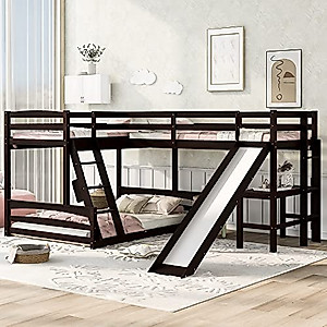 GINGVAT L-Shaped Bunk Beds for 3, Wooden Triple Bunk Bed with Slide and Desk, Twin Over Full Bunk Bed & Twin Size Loft Bed with Desk, for Kids Teens Adults, Espresso