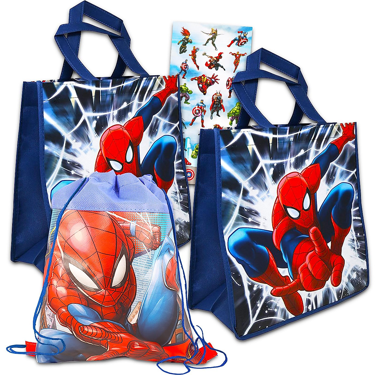 Marvel Spiderman Tote and Drawstring Bags Value Bundle - 2 Reusable Totes and 1 Drawstring Party Bag With Spiderman Stickers Superhero Party Pack Featuring Spiderman (Spiderman Party Supplies)