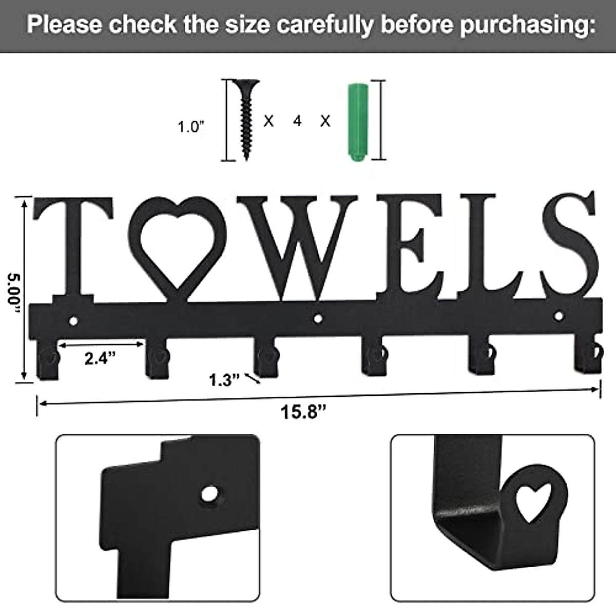 WeeksEight Metal Towel Holder Towel Rack, Wall Mount Towel Hanger Hooks for Bathroom Kitchen Bedroom Hanging Towels Bathrobe Robe (6 Hooks Black)