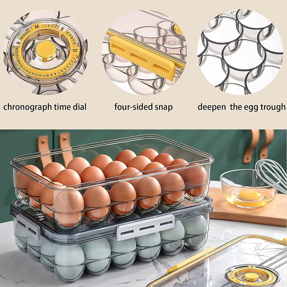 Egg Holder,Clear Egg Tray Storage Box with Lid and special buckle,Fridge Containers Set,Food Storage Container Refrigerator Organizer Bins Stay Fresh,Stackable Portable Storage Containers