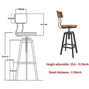 Diwhy Industrial Bar Stool Wood Metal Bar Stool,Adjustable Height Swivel Counter Height Bar Chair with Backrest,Black,Fully Welded Set of 2 (Brown Wooden Top with Wooden Backrest)