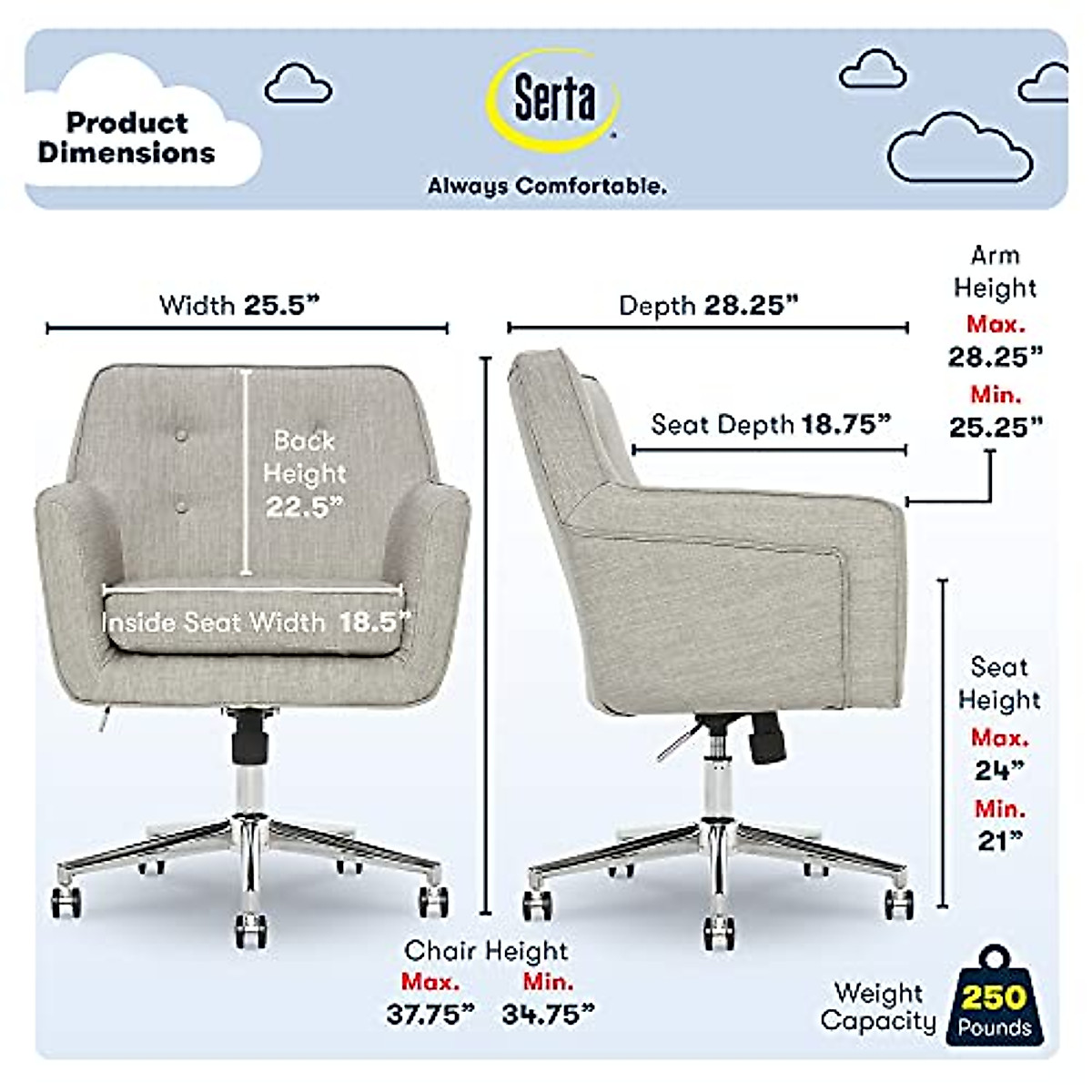 Serta Ashland Ergonomic Home Office Chair with Memory Foam Cushioning Chrome-Finished Stainless Steel Base, 360-Degree Mobility, Light Gray Fabric