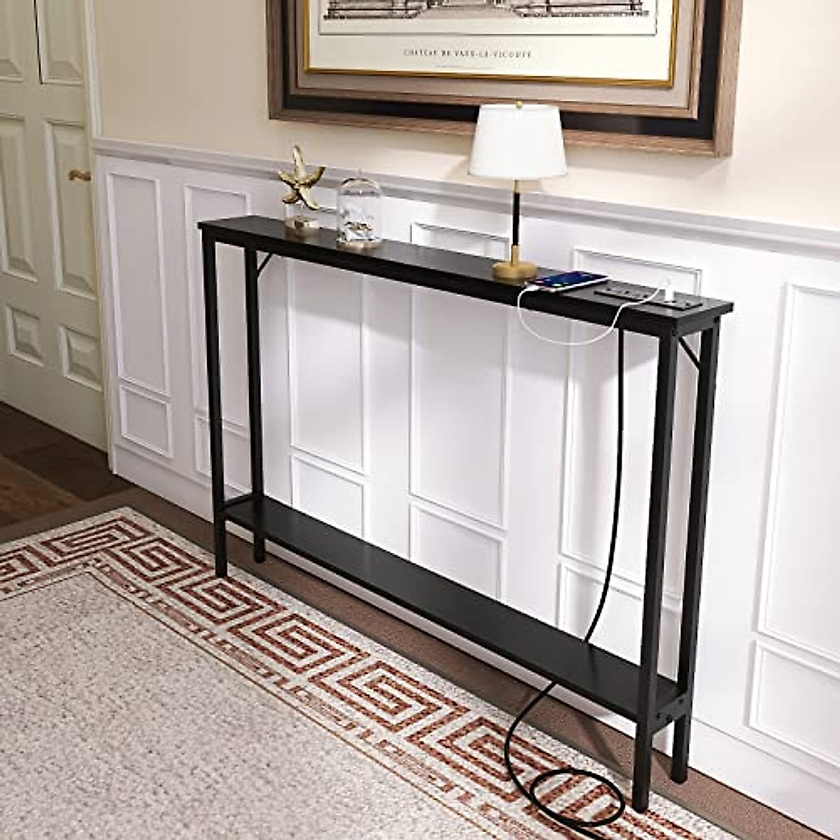SAUCE ZHAN Sofa Table with Outlet and USB Port, 47" Console Table Behind Couch Table with Steel Frame, Narrow Entryway Table for Sofa, Living Room, Foyer, Hallway, Entry, Black