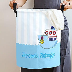 Custom Laundry Hamper, Cartoon Striped Blue Ship Boat Laundry Basket Round Clothes Storage Basket for Bedroom, 14.17x19.68 in