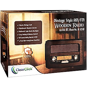 ClearClick Classic Vintage Retro Style AM/FM Radio with Bluetooth, Aux-in, & USB - Handmade Wooden Exterior Dark Brown