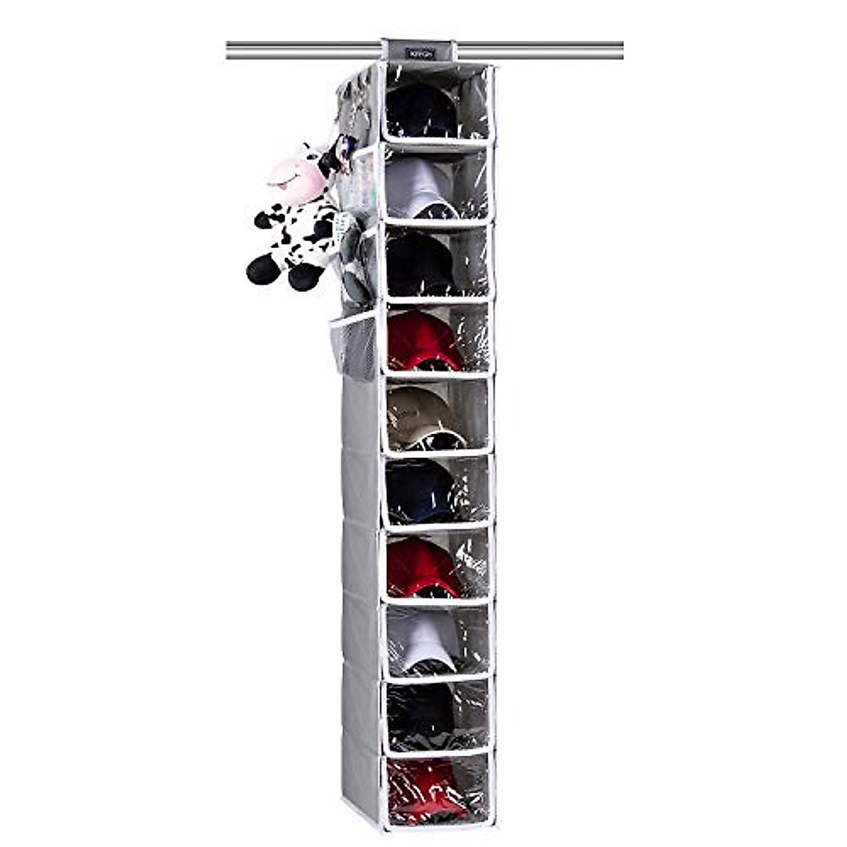 KEEGH Hat Organizer for Closet Hanging Hat Rack Cap Holder Closet Organizer for Baseball Storage 10 Shelf Cap Organizer with Dust Cover and Side Mesh Pockets