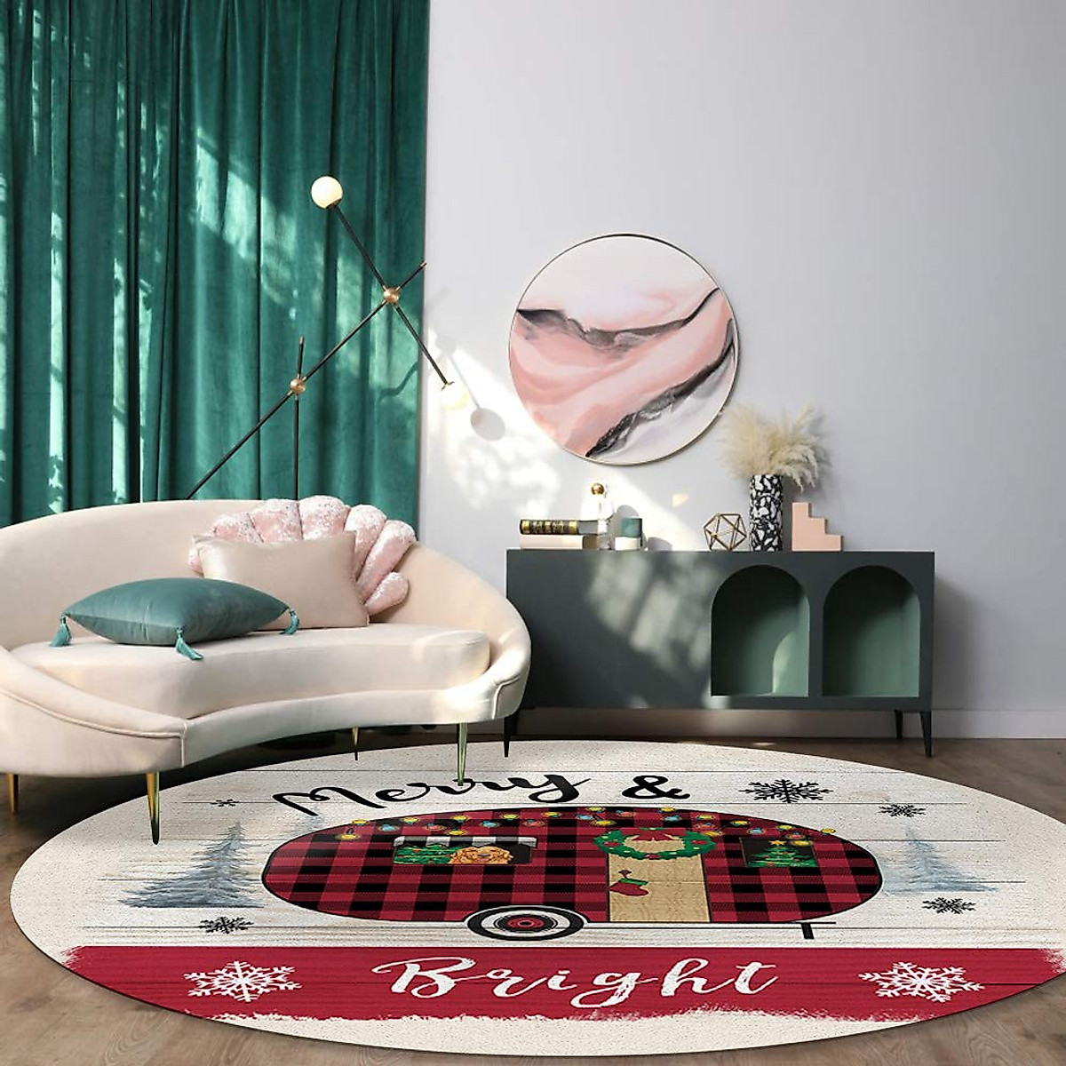 Round Area Rugs Collection 6', Merry Bright Christmas Red Camper Indoor Circular Throw Runner Rug Floor Mat Carpet for Living Room Dining Table Bedroom Nursery Decor Winter Snow Retro Farm Wood Board