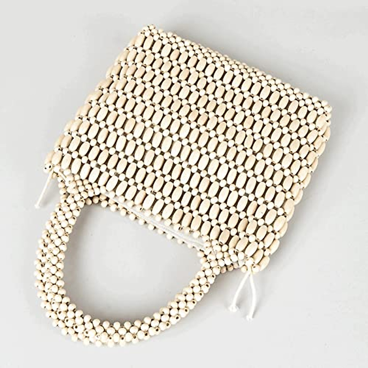 Sushinejing Tote Bag for Women Small Handmade Tote Purse Wood Beaded Retro Handbag (White)