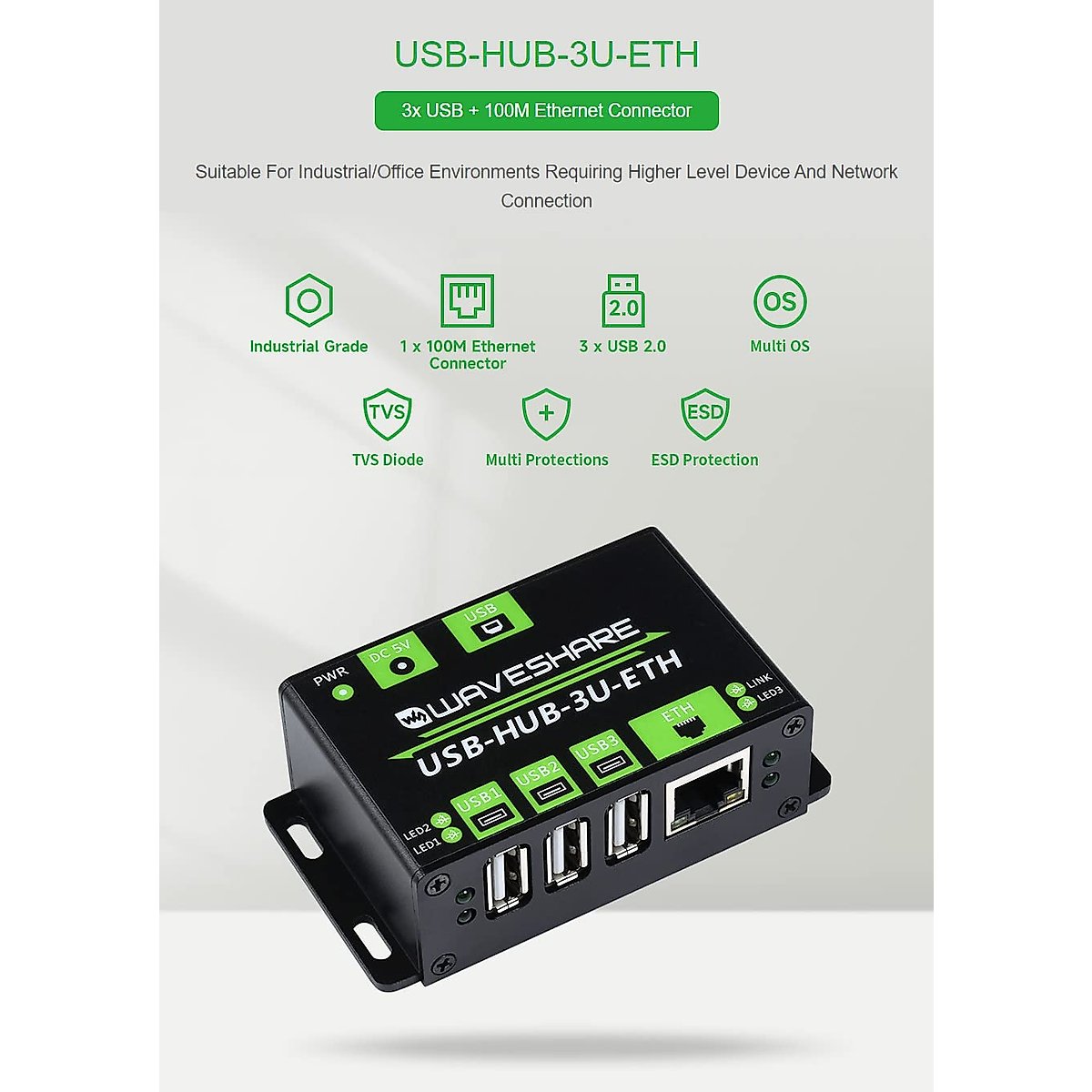 Waveshare Industrial Grade Multifunctional USB HUB Extending 3X USB Ports + 100M Ethernet Port Suitable for Industrial/Office Environments Requiring Higher Level Device and Network Connection