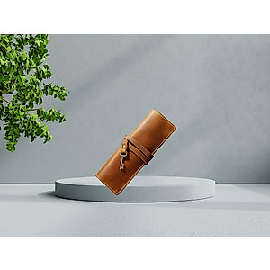 Acrecean Retro Genuine Leather Pencil Case, Rollup Pen, Pencil Pouch Wrap Foldable Tool, Pencil Storage Case for Adult Men & Women Office Work (Brown)