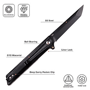 REMETTE Tactical Pocket Knife GD22K,Flip Assisted Opening Pocket knife,Sharp D2 Steel Tanto Folding knife with Durable G10 Handle,Men Women Everyday Carry EDC Knife,Camping Hunting Knives