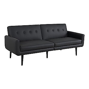 Naomi Home Monica Leather Futon Sofa, Convertible Couch Bed, Split Back Premium Faux Leather Sleeper Couch Sofa for Living Room, Mid Century Modern Fold Out Couch Bed with Tapered Legs Black
