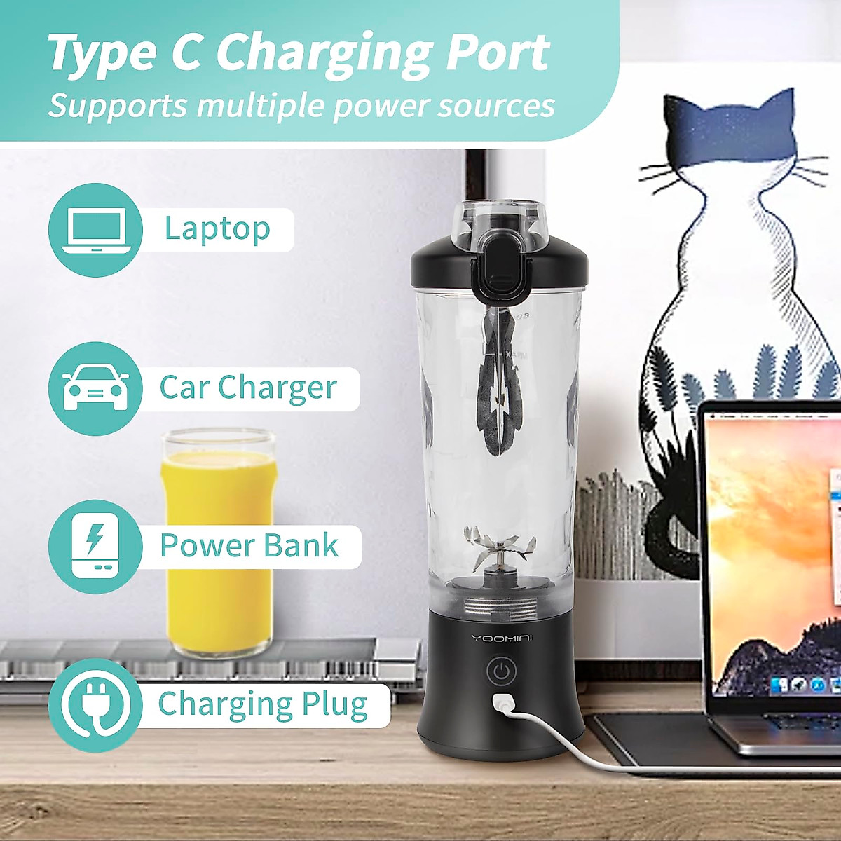 Portable Blender, Personal Blender for Shakes and Smoothies - USB Rechargeable 20oz Mini Blender with 6 Blades and ToGo Cup for Sports Travel Gym