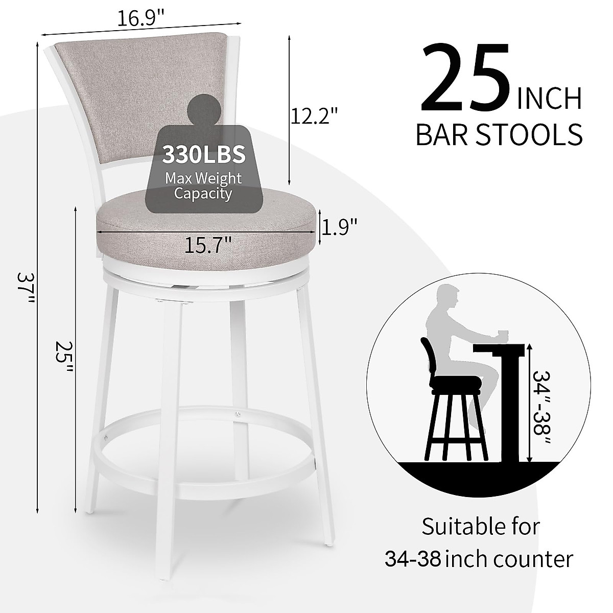 FLYZC Bar Stools, Swivel Bar Stools with Back, 25" Counter Height Bar Stools Set of 2, Round Swivel Counter Stools Bar Chair with Backrest, Stools for Kitchen Counter Island Bar