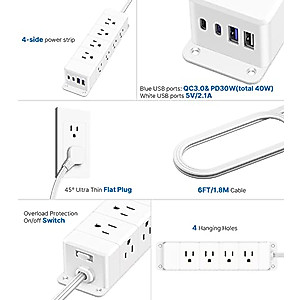 30W USB C Power Strip Surge Protector,Ultra Thin Flat Plug Power Strip 4 Side 12 Outlets,PD Fast Charing,2 USB-C, 2 USB-A(4 USB Total 40W),6ft Slim Extension Cord,16 in 1 Desk Power Bar,1200J White