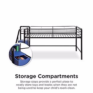 DHP Junior Twin Metal Loft Bed with Storage Steps, Multifunctional Space-Saving Solution - Black with Blue Steps