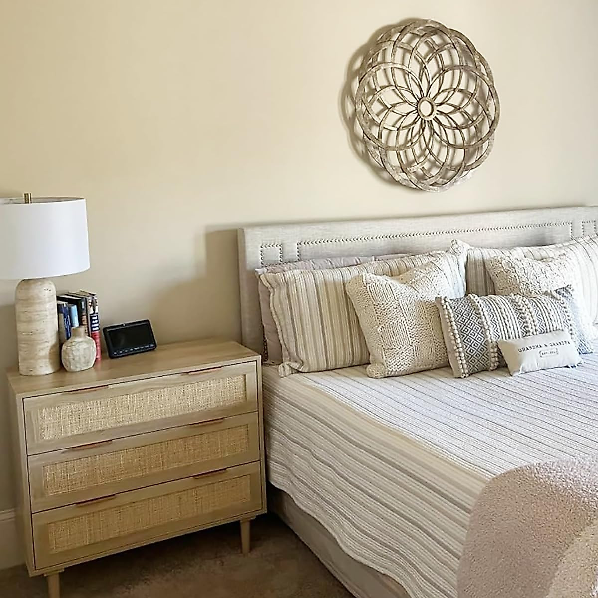 HOPUBUY Large Nightstand Set of 2 with Rattan Drawer, Modern 3 Drawer Night Stand for Bedroom, Wooden Bedside Table for Queen Size and King Size Bed,Oak