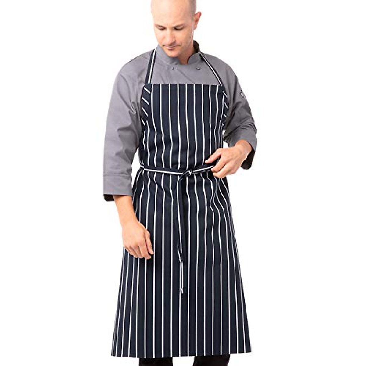 Chef Works Unisex English Chef Apron, Navy W/ Chalk Stripe, One Size