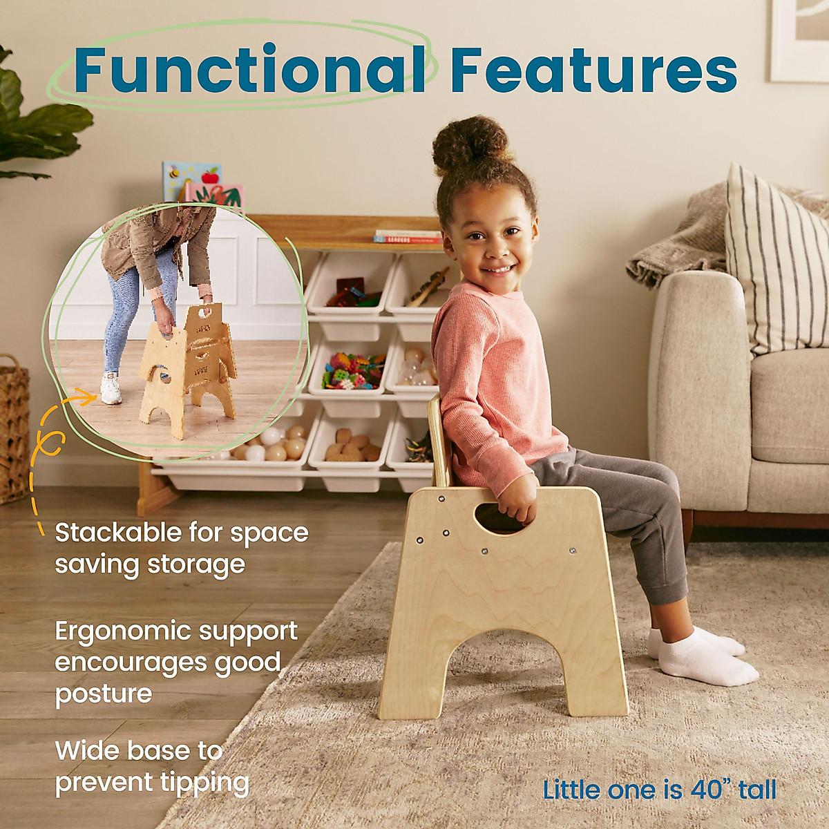 ECR4Kids Stackable Wooden Toddler Chair, 10in, Kids Furniture, Natural, 2-Pack