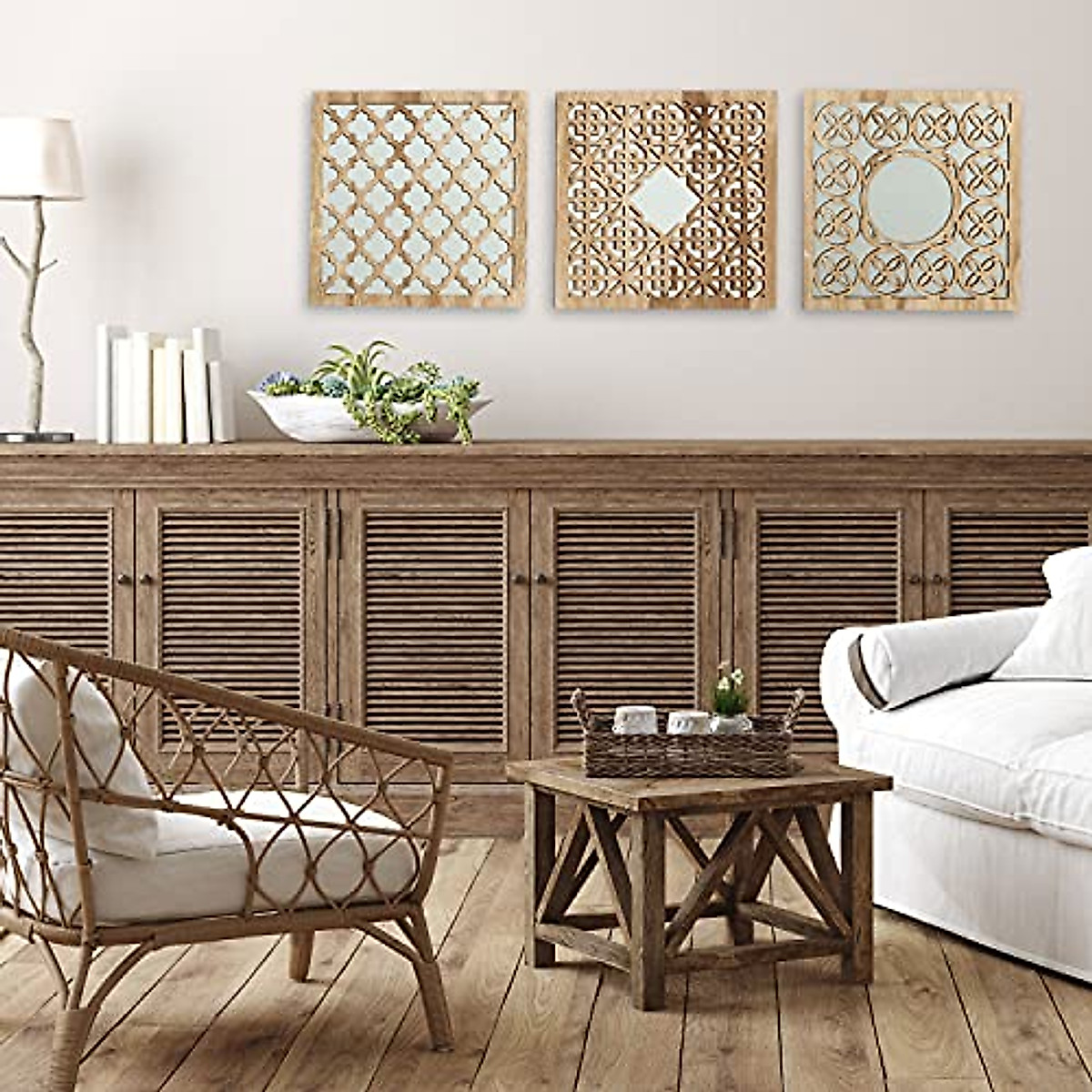 WHW Whole House Worlds Hamptons Lattice Framed Mirrors, Set of 3, Square Panels, Brilliant Reflective Glass, Rustic Wood Grain, MDF, 11.75 x 11.75 Inches