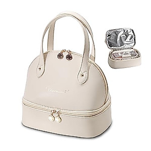 BAKLUCK Lunch Bag Women, Insulated Lunch Box Bag Compact Size with Large Capacity Lunch Tote Bag, Simple Modern Double Decker Waterproof PU Leather - Beige Lunch Bag for Work, Picnic, Travel