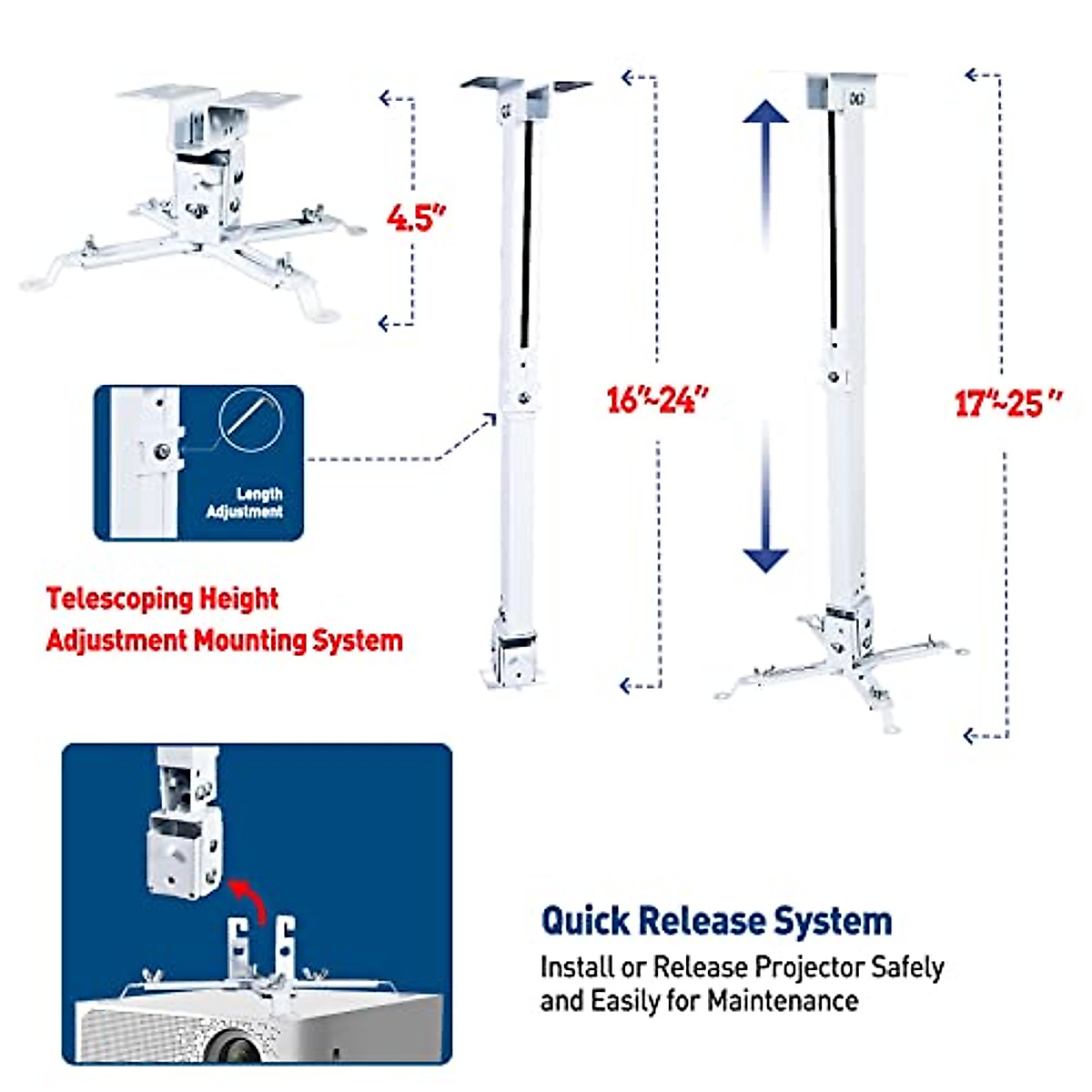 Projector Ceiling/Wall Mount White, Homcine Low Profile Universal Projector Holder/Bracket/Hanger Kit with Extendable Arm, Adjustable Height Pole Mount Drop Ceiling Quick Release For Epson Optoma Benq