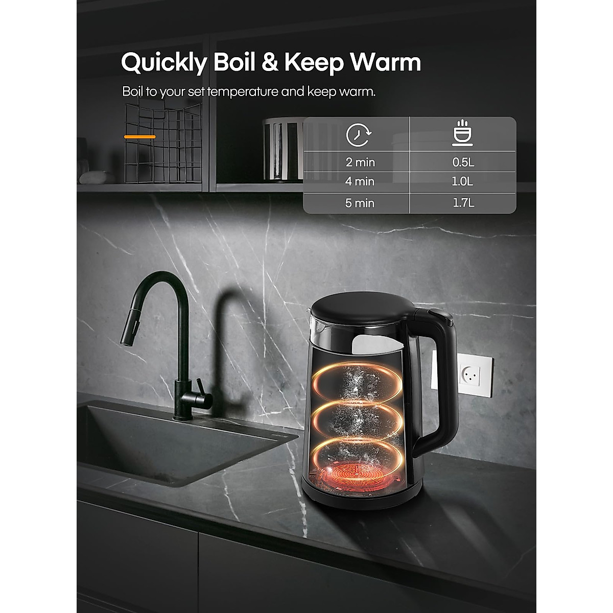 Electric Kettle, 1.7L Glass Tea Kettle, with Keep Warm, 5 Temperature Control, 1500W Fast Boil, Auto Shut-Off & Boil-Dry Protection, with 5 Colored Lights, Black