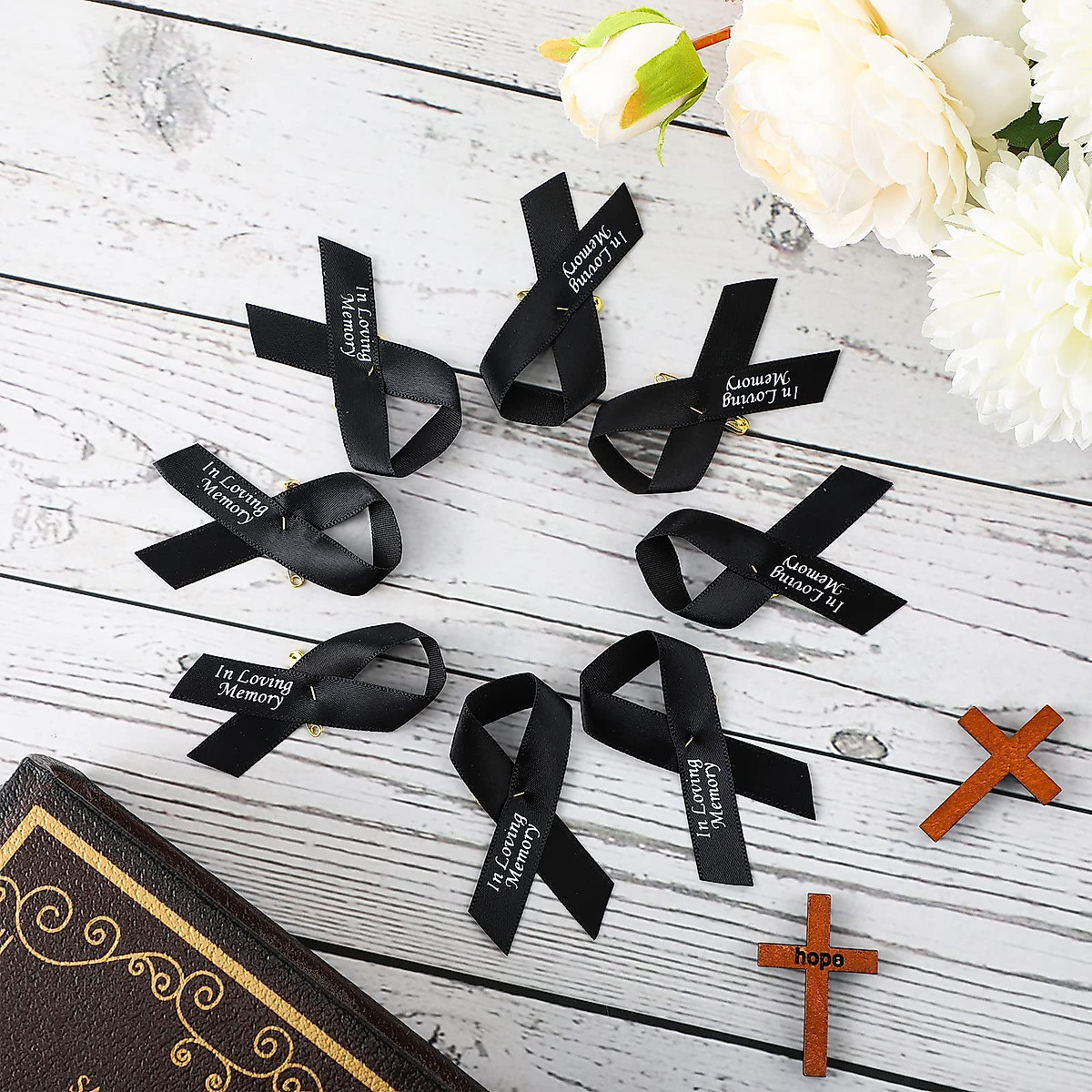 50 Pcs Funeral Ribbons Pins Black Memorial Ribbon in Loving Memory Ribbon Mourning Sympathy Ribbons with Safety Pins for Funeral Event Bereavement Remembrance Service