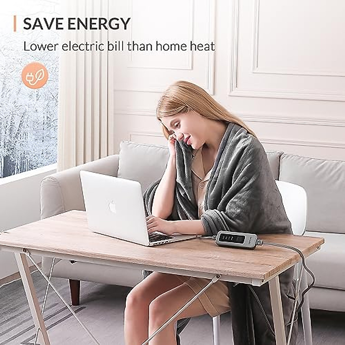 HOMLYNS Heated Blanket Heated Throw, Electric Blanket with 3 Hours Timer Auto-Off & 4 Heating Levels, Double-Layer Flannel Heating Blanket with ETL Certification, Machine Washable (50" x 60", Grey)