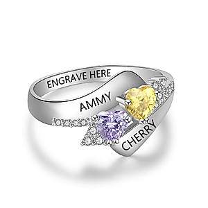 GLAMCARAT Sterling silver Personalized Promise Ring Women’s Stone Rings Heart Shaped Name Rings customized engraved name mothers ring with 2 birthstones