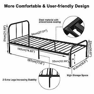 Voilamart Twin Bed with Storage with Headboard and Footboard, Black Metal Platform bed frame No Box Spring Needed,Twin bed frame for Kids