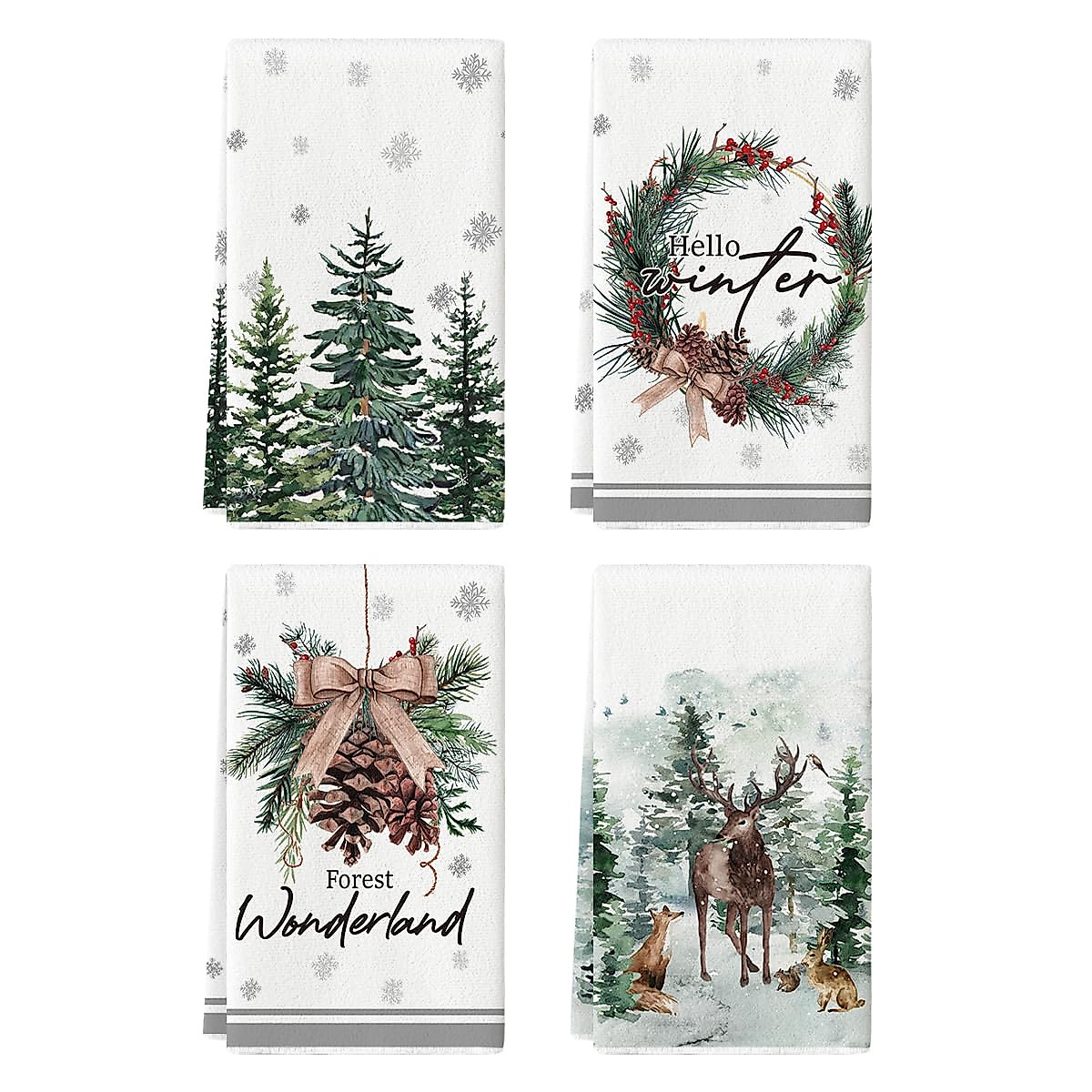 Artoid Mode Elk Trees Pine Cones Holly Berry Hello Winter Kitchen Towels Dish Towels, 18x26 Inch Bowknot Christmas Decoration Hand Towels Set of 4