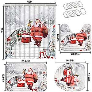 4 Pcs Merry Christmas Shower Curtain Sets with Non-Slip Bathroom Rugs, Toilet Lid Cover and Bath Mat, Santa Claus Shower Curtain with 12 Hooks, Christmas Bathroom Sets with Shower Curtain and Rugs
